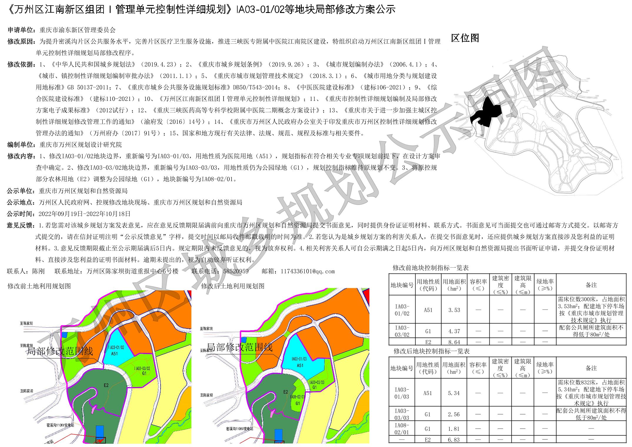 《万州区江南新区组团Ⅰ管理单元控制性详细规划》IA03-0102地块局部修改方案公示_重庆市万州区人民政府